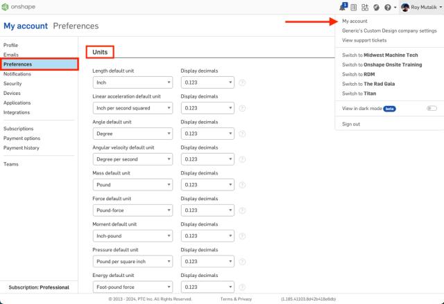 Changing Default Units - Onshape