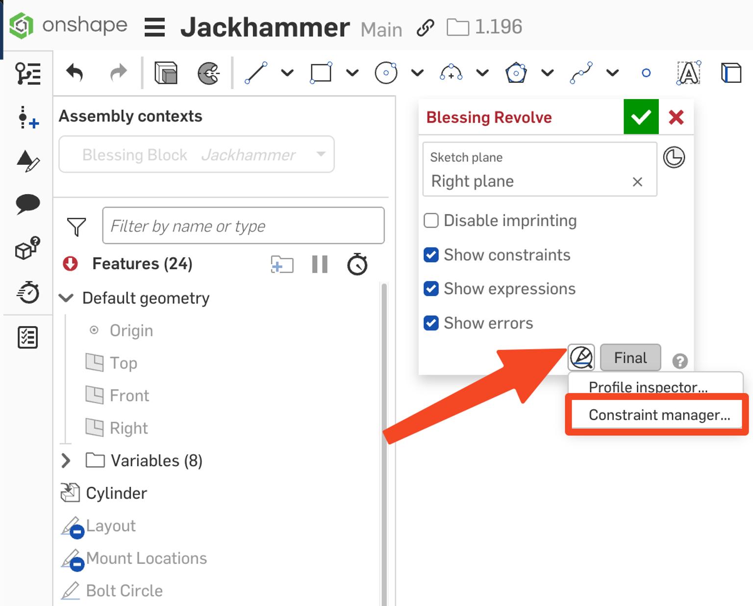 Using Onshape’s Sketch Constraint Manager