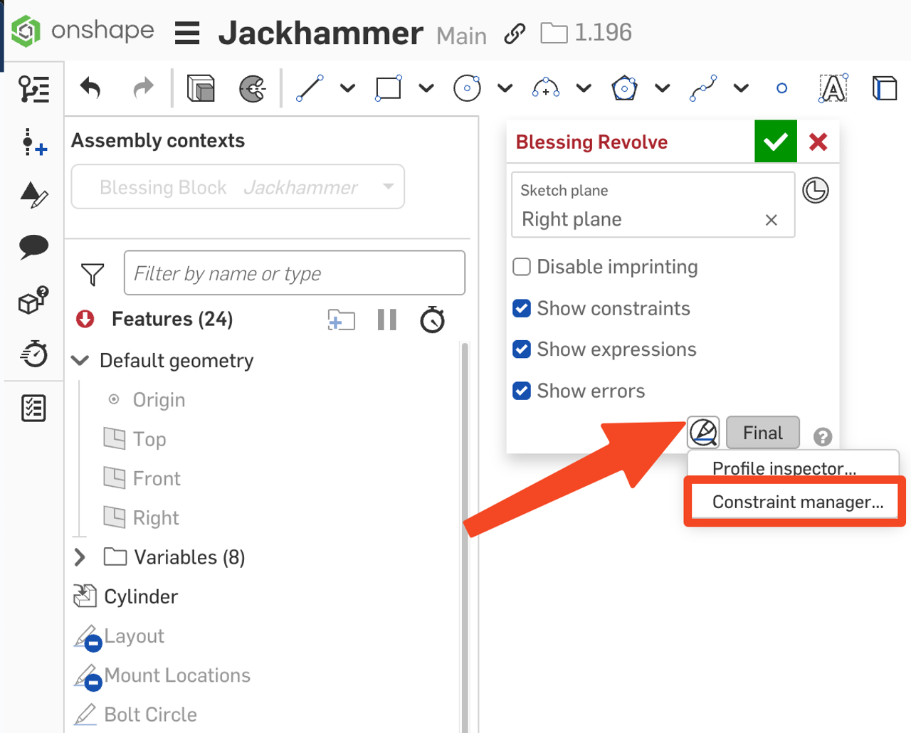 Using Onshape’s Sketch Constraint Manager