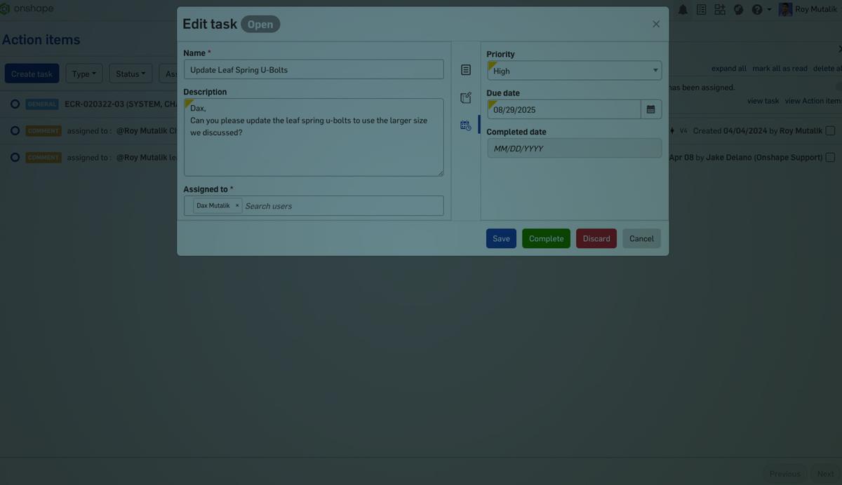 Using Onshape Tasks with Release Management