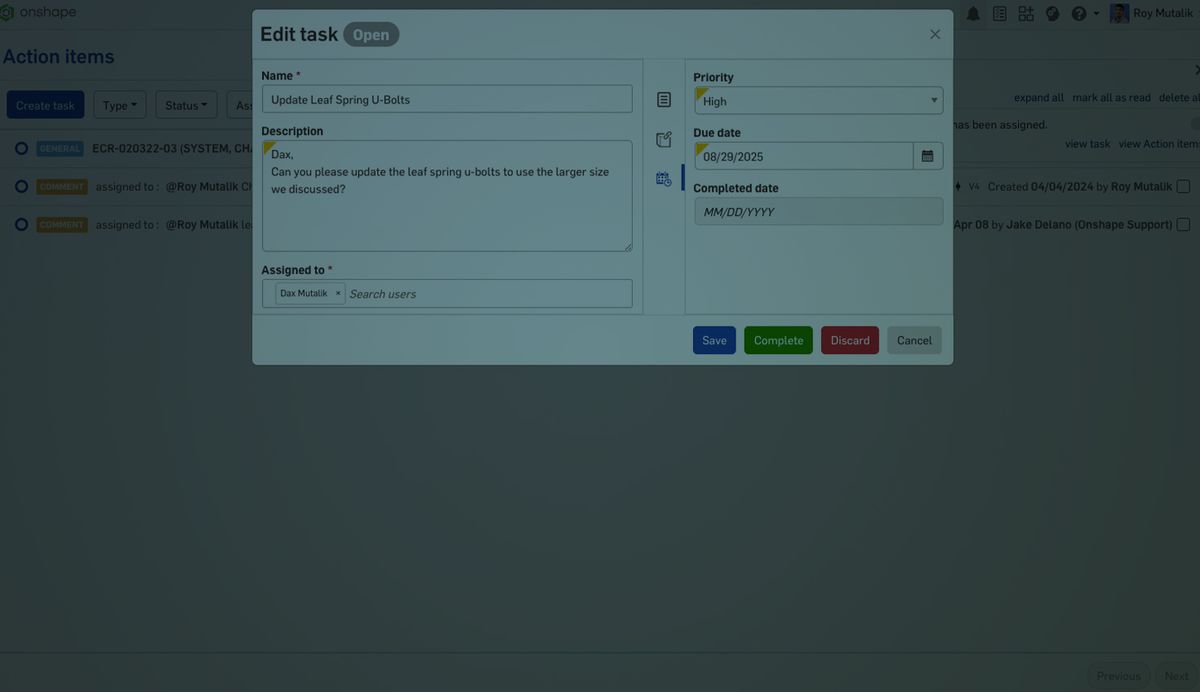 Using Onshape Tasks with Release Management