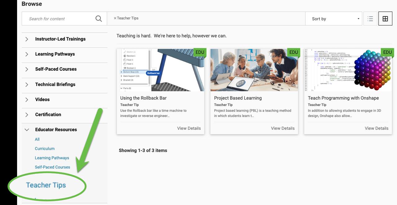Resources for Teachers in the Onshape Learning Center