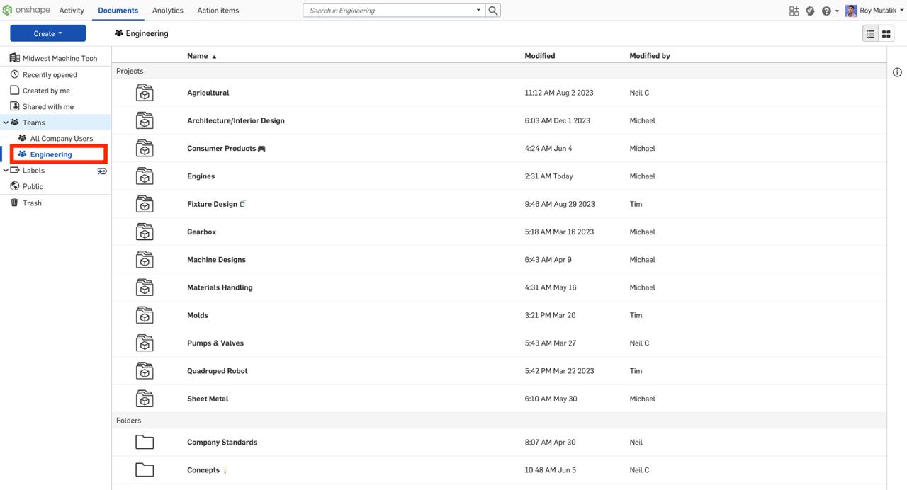 Filter Documents by Teams - Onshape